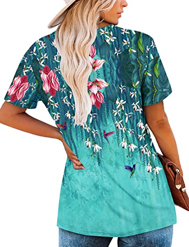 ONLYSHE Summer Floral Plus Size Shirts Blouse for Women Casual Tunic Tops Short Sleeve Ruffle TealWhite XL