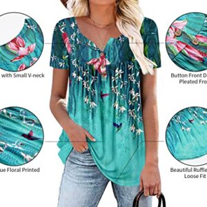 ONLYSHE Summer Floral Plus Size Shirts Blouse for Women Casual Tunic Tops Short Sleeve Ruffle TealWhite XL