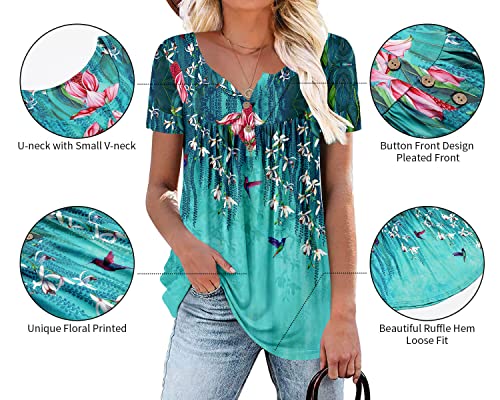 ONLYSHE Summer Floral Plus Size Shirts Blouse for Women Casual Tunic Tops Short Sleeve Ruffle TealWhite XL