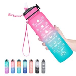 hyeta 32 oz water bottles with times to drink and straw, motivational water bottle with time marker, leakproof & bpa free, drinking sports water bottle for fitness, gym & outdoor, pink-green