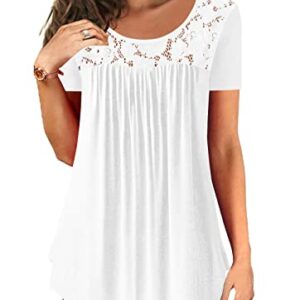 BeadChica Women's Casual Tunic Tops To Wear With Leggings Short Sleeve Flare Summer Loose TShirts Flowy Lace Blouses-White-L