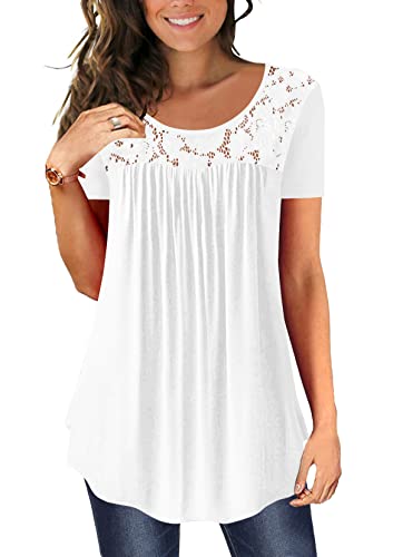 BeadChica Women's Casual Tunic Tops To Wear With Leggings Short Sleeve Flare Summer Loose TShirts Flowy Lace Blouses-White-L