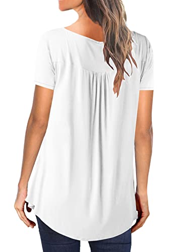 BeadChica Women's Casual Tunic Tops To Wear With Leggings Short Sleeve Flare Summer Loose TShirts Flowy Lace Blouses-White-L