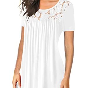 BeadChica Women's Casual Tunic Tops To Wear With Leggings Short Sleeve Flare Summer Loose TShirts Flowy Lace Blouses-White-L