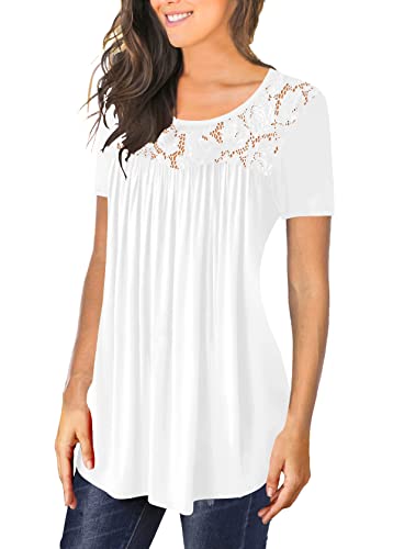 BeadChica Women's Casual Tunic Tops To Wear With Leggings Short Sleeve Flare Summer Loose TShirts Flowy Lace Blouses-White-L