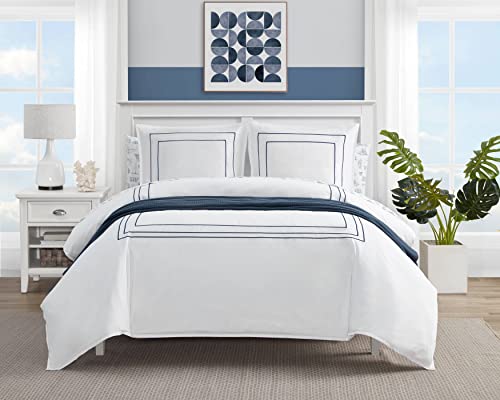 Nautica - Queen Duvet Cover Set, Embroidered Bedding with Matching Shams, Lightweight Home Decor for All Seasons (Alden White, Queen)