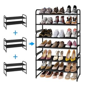 Simple Trending 2 Pack 2-Tier Stackable Shoe Rack, Expandable & Adjustable Fabric Shoe Shelf Storage Organizer, Black