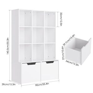 HIFIT Cube Bookshelf, 55.1" H Bookcase Storage Cabinet Wooden with 9 Compartments and 2 Large Drawers for Home Office Living Room, White 1Pcs