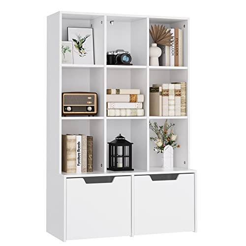 HIFIT Cube Bookshelf, 55.1" H Bookcase Storage Cabinet Wooden with 9 Compartments and 2 Large Drawers for Home Office Living Room, White 1Pcs