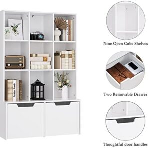 HIFIT Cube Bookshelf, 55.1" H Bookcase Storage Cabinet Wooden with 9 Compartments and 2 Large Drawers for Home Office Living Room, White 1Pcs