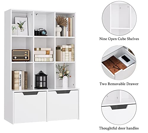 HIFIT Cube Bookshelf, 55.1" H Bookcase Storage Cabinet Wooden with 9 Compartments and 2 Large Drawers for Home Office Living Room, White 1Pcs