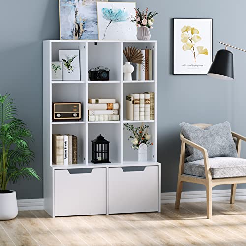 HIFIT Cube Bookshelf, 55.1" H Bookcase Storage Cabinet Wooden with 9 Compartments and 2 Large Drawers for Home Office Living Room, White 1Pcs