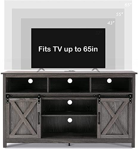 Vinctik 6&Fox 57” Wooden Farmhouse TV Stand for 60/65 inch TV,Double Layer Storage Entertainment Center TV Console Table,w Double-Row Sockets and 2 Sliding Barn Door,Media Cable Box(Grey Wash)