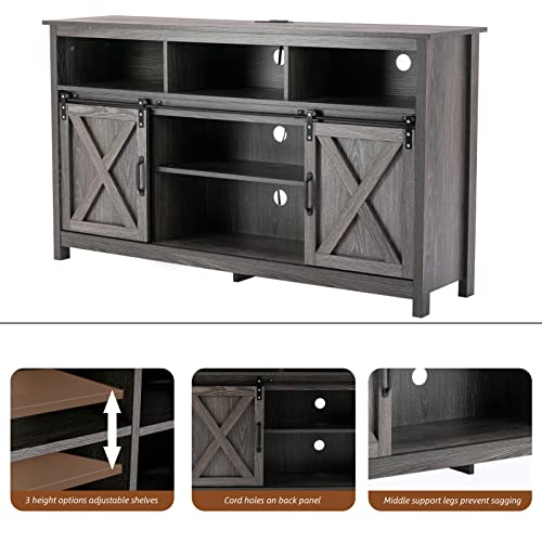 Vinctik 6&Fox 57” Wooden Farmhouse TV Stand for 60/65 inch TV,Double Layer Storage Entertainment Center TV Console Table,w Double-Row Sockets and 2 Sliding Barn Door,Media Cable Box(Grey Wash)