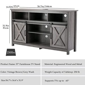 Vinctik 6&Fox 57” Wooden Farmhouse TV Stand for 60/65 inch TV,Double Layer Storage Entertainment Center TV Console Table,w Double-Row Sockets and 2 Sliding Barn Door,Media Cable Box(Grey Wash)