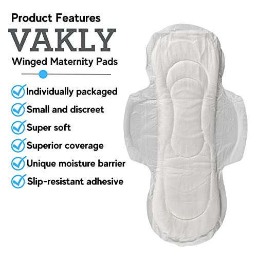 Winged Maternity Peri Pads [Pack of 32] – Large Postpartum Flow Pads with Wings - Ultra Soft Disposable Nursing Pads for New Moms- Vakly Postpartum Guide Included (32)