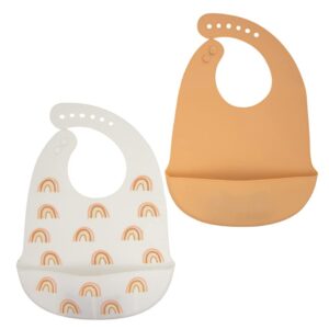 lila & jack silicone baby bibs set of 2, bpa free waterproof soft durable adjustable silicone bibs for babies & toddlers rainbows (yellow & white)