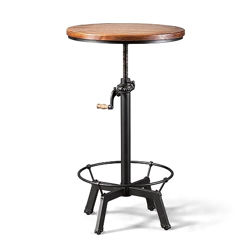 BOKKOLIK Industrial Bar Table 33.47-39.37inch Height Adjustable Swivel Wooden Top Vintage Breakfast Dining Table Farmhouse Cocktail Bistro Pub Table