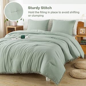 Litanika Sage Green Pom Pom Fringe Comforter Full(79x90 Inch), 3 Pieces(1 Boho Comforter and 2 Pillowcases) Aesthetic and Lightweight Microfiber Down Alternative Bedding Set