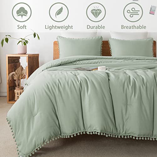 Litanika Sage Green Pom Pom Fringe Comforter Full(79x90 Inch), 3 Pieces(1 Boho Comforter and 2 Pillowcases) Aesthetic and Lightweight Microfiber Down Alternative Bedding Set