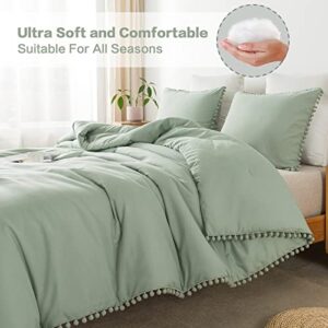 Litanika Sage Green Pom Pom Fringe Comforter Full(79x90 Inch), 3 Pieces(1 Boho Comforter and 2 Pillowcases) Aesthetic and Lightweight Microfiber Down Alternative Bedding Set