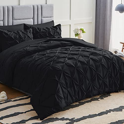 CozyLux Queen Comforter Set - 7 Pieces Comforters Queen Size Black, Pintuck Bed in A Bag Pinch Pleat Complete Bedding Sets with All Season Comforter, Flat Sheet, Fitted Sheet and Pillowcases & Shams