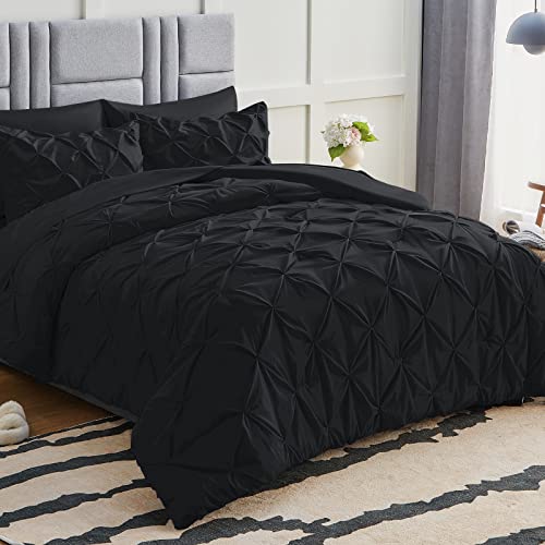 CozyLux Queen Comforter Set - 7 Pieces Comforters Queen Size Black, Pintuck Bed in A Bag Pinch Pleat Complete Bedding Sets with All Season Comforter, Flat Sheet, Fitted Sheet and Pillowcases & Shams