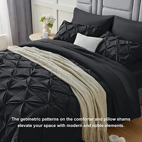 CozyLux Queen Comforter Set - 7 Pieces Comforters Queen Size Black, Pintuck Bed in A Bag Pinch Pleat Complete Bedding Sets with All Season Comforter, Flat Sheet, Fitted Sheet and Pillowcases & Shams