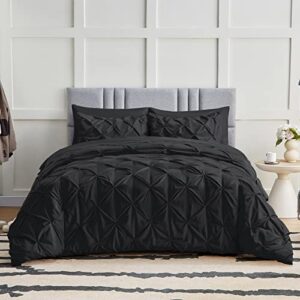 CozyLux Queen Comforter Set - 7 Pieces Comforters Queen Size Black, Pintuck Bed in A Bag Pinch Pleat Complete Bedding Sets with All Season Comforter, Flat Sheet, Fitted Sheet and Pillowcases & Shams