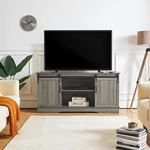 Yaheetech Farmhouse TV Stand wih Storage, 58" Entertainment Center with Sliding Barn Door, Wooden Media TV Console with Height Adjustable Shelves for Living Room, Grey Wash