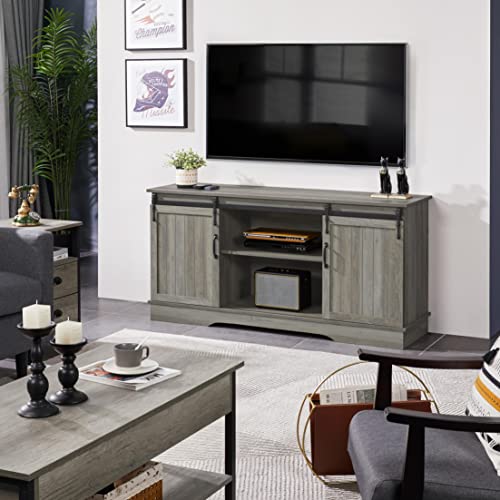 Yaheetech Farmhouse TV Stand wih Storage, 58" Entertainment Center with Sliding Barn Door, Wooden Media TV Console with Height Adjustable Shelves for Living Room, Grey Wash