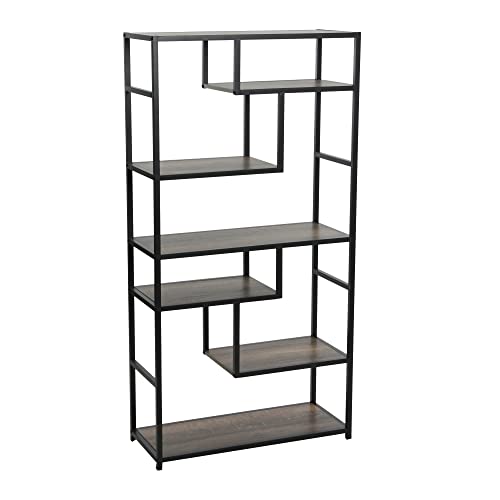 Household Essentials Jamestown Tall 6 Shelf Open Storage Bookshelf Ashwood Rustic Wood Grain and Black Metal