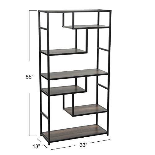 Household Essentials Jamestown Tall 6 Shelf Open Storage Bookshelf Ashwood Rustic Wood Grain and Black Metal