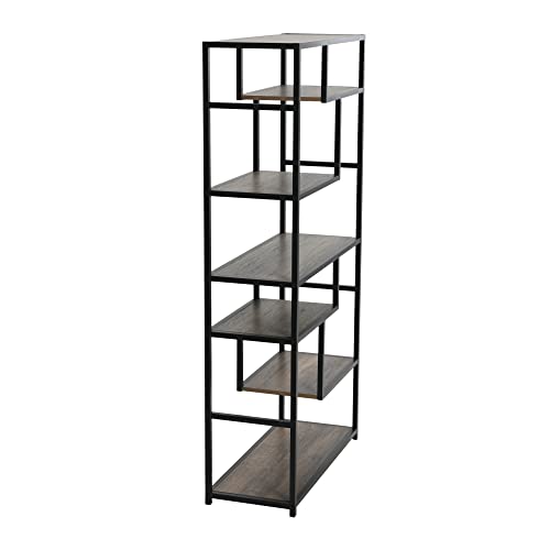 Household Essentials Jamestown Tall 6 Shelf Open Storage Bookshelf Ashwood Rustic Wood Grain and Black Metal