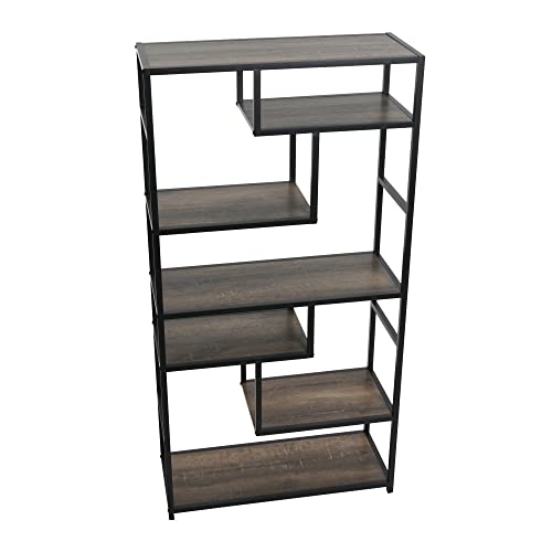 Household Essentials Jamestown Tall 6 Shelf Open Storage Bookshelf Ashwood Rustic Wood Grain and Black Metal