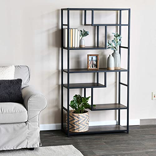 Household Essentials Jamestown Tall 6 Shelf Open Storage Bookshelf Ashwood Rustic Wood Grain and Black Metal