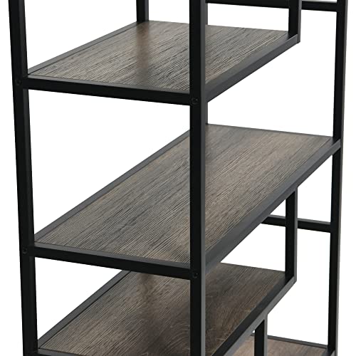 Household Essentials Jamestown Tall 6 Shelf Open Storage Bookshelf Ashwood Rustic Wood Grain and Black Metal