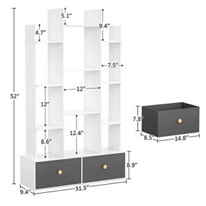 Unikito Bookshelf with 2 Drawers Free Standing Bookcase, Office Storage Shelf Organizer with 12 Open Bookshelves, Industrial Wood Book Case Display Rack for Bedroom, Living Room, Home Office, White