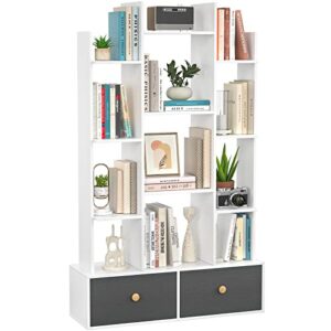 unikito bookshelf with 2 drawers free standing bookcase, office storage shelf organizer with 12 open bookshelves, industrial wood book case display rack for bedroom, living room, home office, white