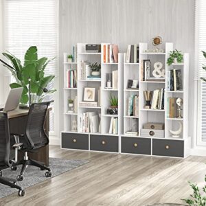 Unikito Bookshelf with 2 Drawers Free Standing Bookcase, Office Storage Shelf Organizer with 12 Open Bookshelves, Industrial Wood Book Case Display Rack for Bedroom, Living Room, Home Office, White