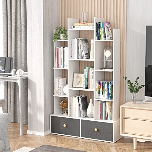 Unikito Bookshelf with 2 Drawers Free Standing Bookcase, Office Storage Shelf Organizer with 12 Open Bookshelves, Industrial Wood Book Case Display Rack for Bedroom, Living Room, Home Office, White