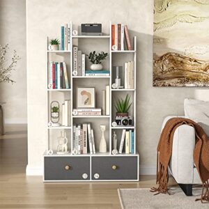 Unikito Bookshelf with 2 Drawers Free Standing Bookcase, Office Storage Shelf Organizer with 12 Open Bookshelves, Industrial Wood Book Case Display Rack for Bedroom, Living Room, Home Office, White