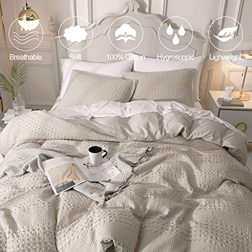 Ivellow Waffle Weave Duvet Cover Set 100% Cotton Duvet Cover Queen Textured khaki Duvet Cover Cozy Soft Breathable Queen Duvet Cover Skin-Friendly Luxury Comforter Cover Bedding Set All Season 90"x90"