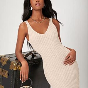 SheIn Women's Ribbed Knit Tank Bodycon Maxi Dress Basic V Neck Sleeveless Long Pencil Dresses Beige Small