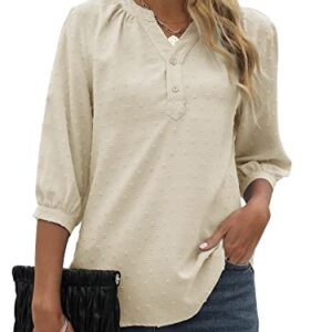 Womens Summer V Neck 3/4 Sleeve Blouses Swiss Dot Tunic Tops Casual Button Shirts Beige