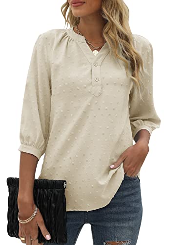 Womens Summer V Neck 3/4 Sleeve Blouses Swiss Dot Tunic Tops Casual Button Shirts Beige