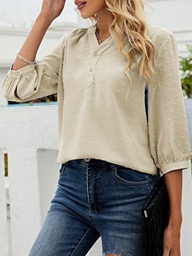 Womens Summer V Neck 3/4 Sleeve Blouses Swiss Dot Tunic Tops Casual Button Shirts Beige