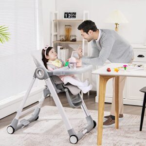 BABY JOY Baby High Chair, Folding Highchair w/ 4 Wheels, One-Step Brake, Removable Double Trays, Detachable PU, Flip-up Armrests, Adjustable Height, Backrest & Footrest for Infants & Toddlers (Gray)