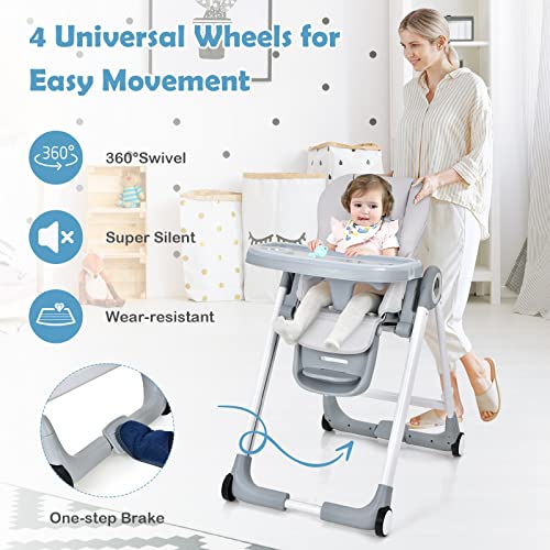 BABY JOY Baby High Chair, Folding Highchair w/ 4 Wheels, One-Step Brake, Removable Double Trays, Detachable PU, Flip-up Armrests, Adjustable Height, Backrest & Footrest for Infants & Toddlers (Gray)