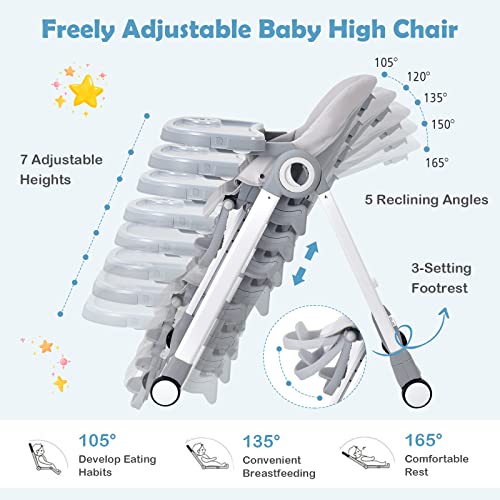 BABY JOY Baby High Chair, Folding Highchair w/ 4 Wheels, One-Step Brake, Removable Double Trays, Detachable PU, Flip-up Armrests, Adjustable Height, Backrest & Footrest for Infants & Toddlers (Gray)